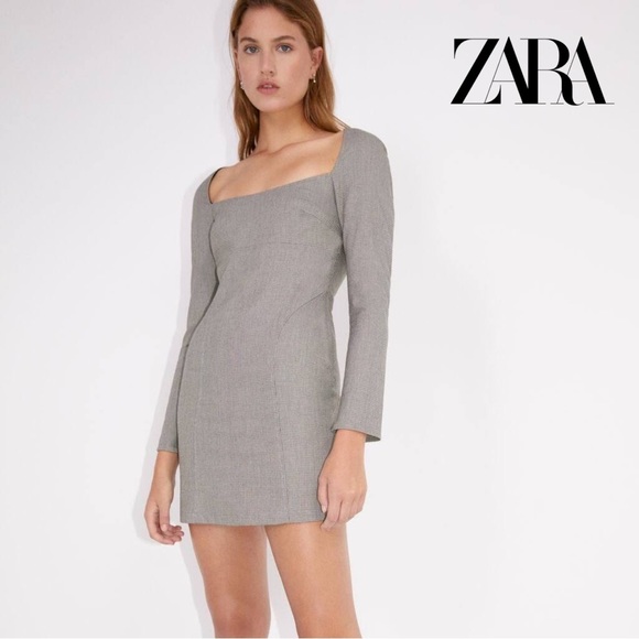 Zara | Dresses | Zara Tailored Long Sleeve Brown Plaid Square Neckline ...